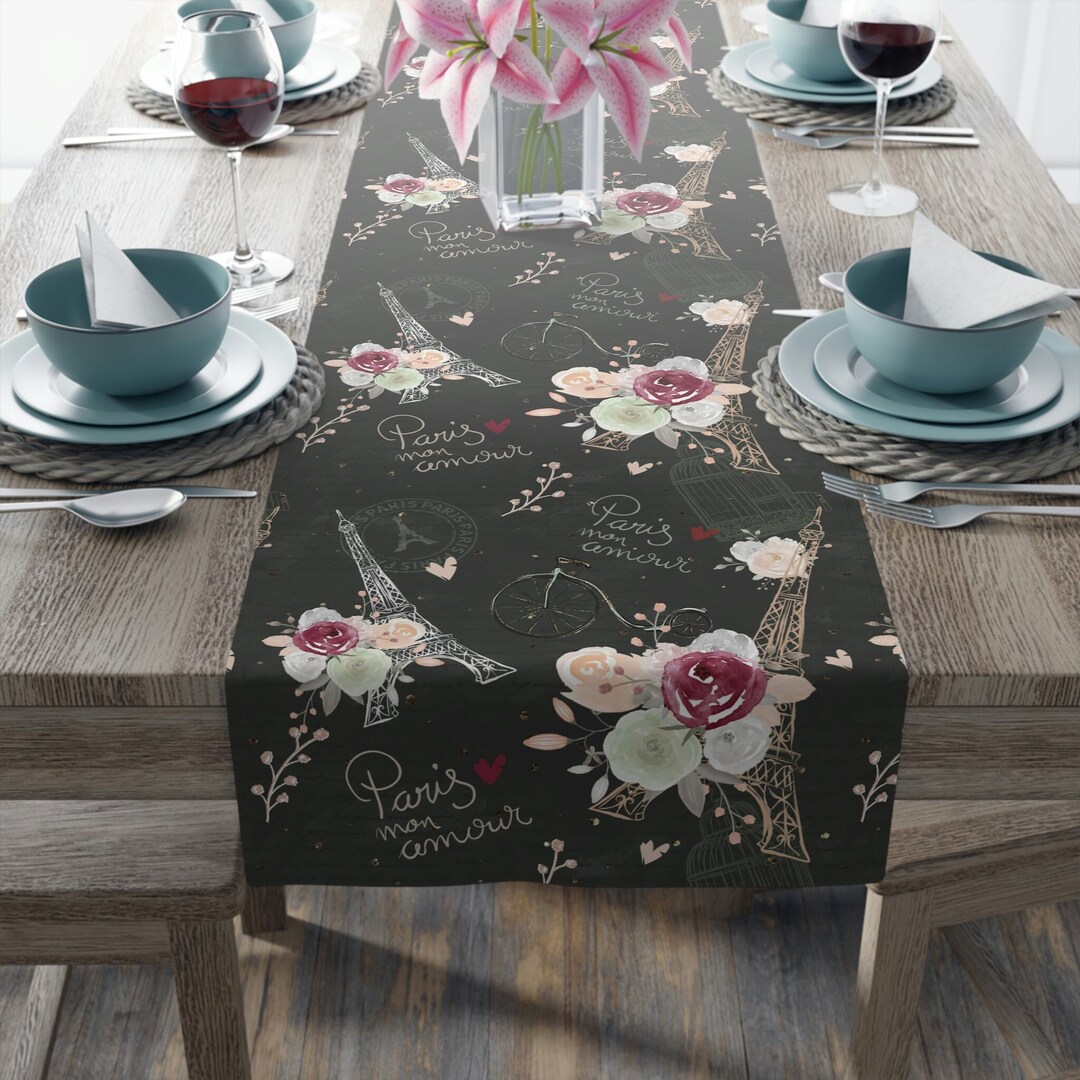 French Table Runner - Dark Paris Table Decor Eiffel Tower Floral Table ...