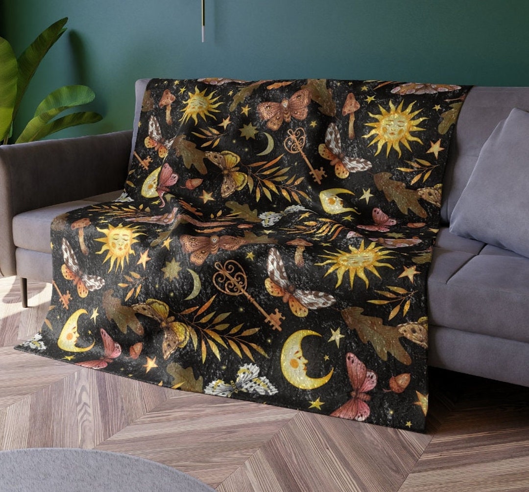 Sun Moon Moth Throw Blanket - Dark Celestial Keys Witchy Forest Blanket ...