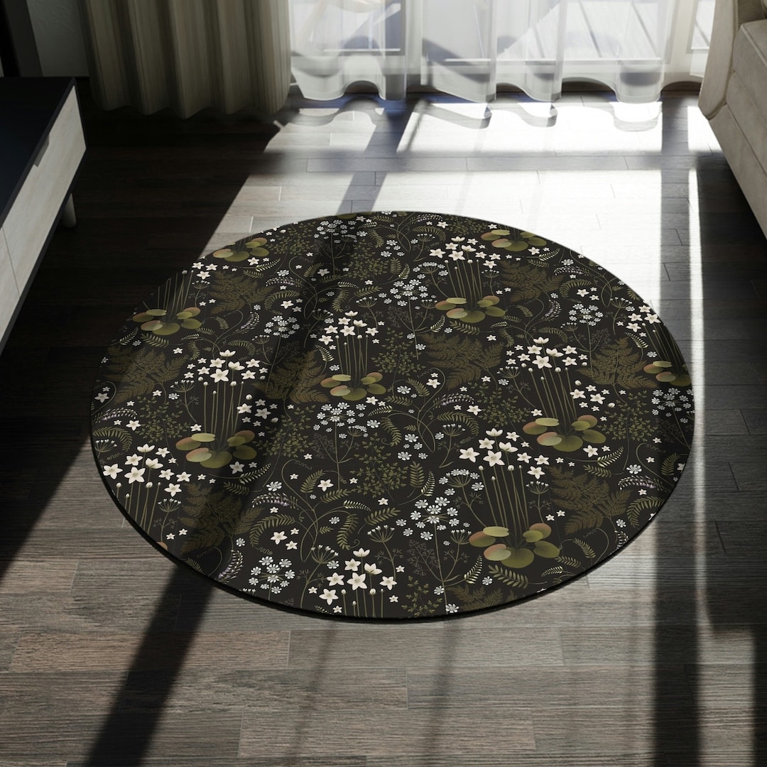 Round Area Rug - Black Round Rug, Botanical Rug, Round Floral Rug ...