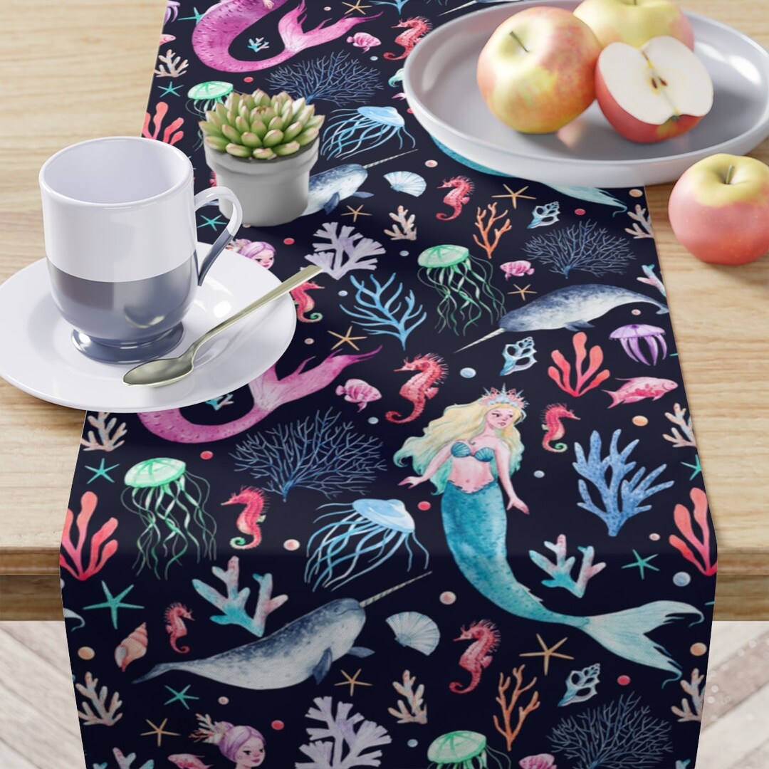 Ocean Mermaid Table Runner Sea Animal Seahorse Jellyfish Table Decor - Etsy