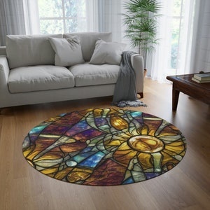 Sun Rug Round - Mosaic Sun Stained Glass Art Round Area Rug Colorful ...