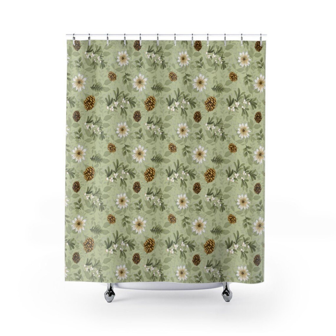 Fall Sage Green Shower Curtain Pine Cones White Flower - Etsy