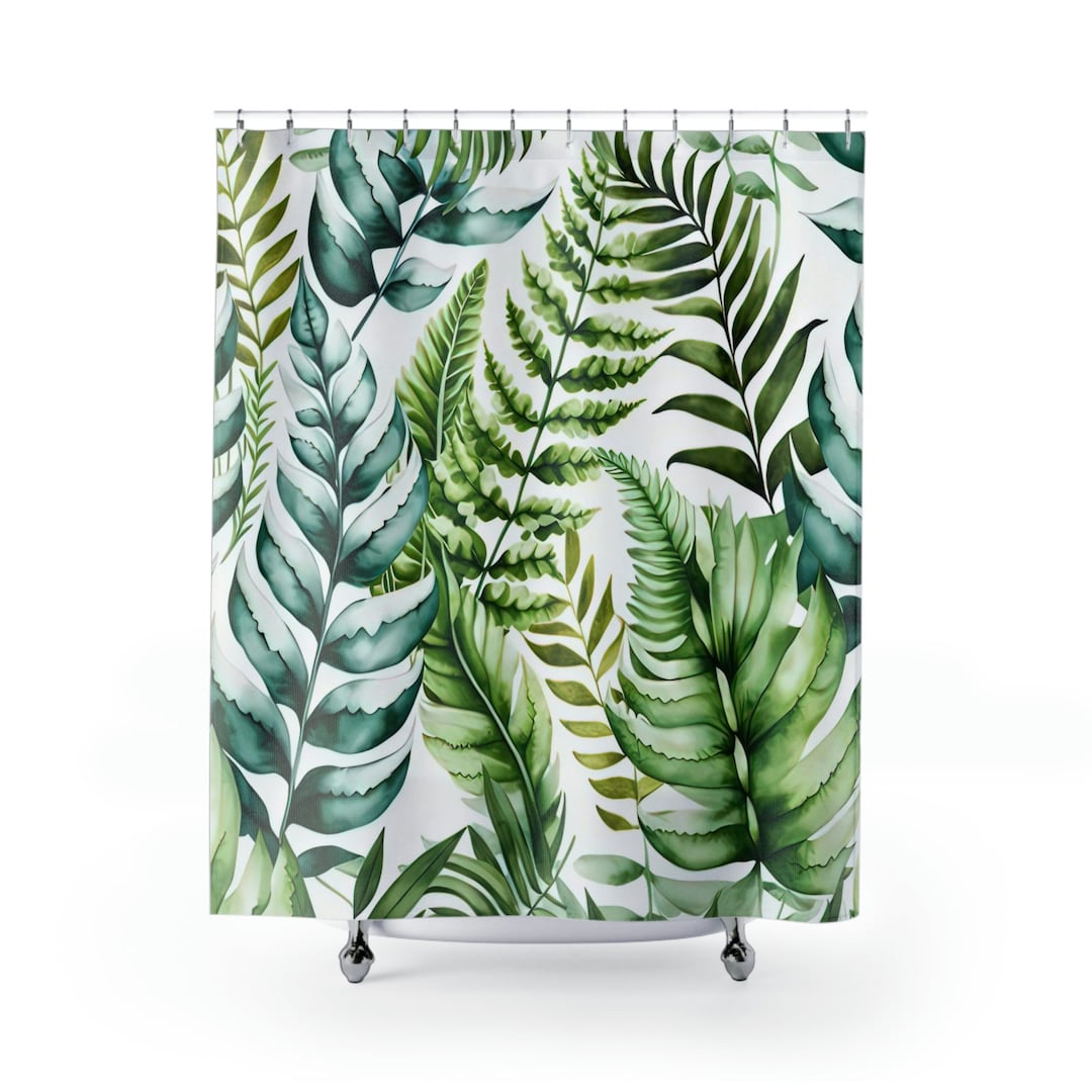 Fern Shower Curtain - Tropical Watercolor Leaf and Ferns Botanical ...