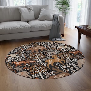 Round Forest Animal Rug - Rustic Woodland Tree Rug Round, Scandinavian ...