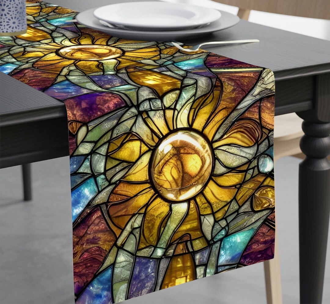 Stained Glass Sun Table Runner - Sunshine Mosaic Art Modern Gold Sun ...