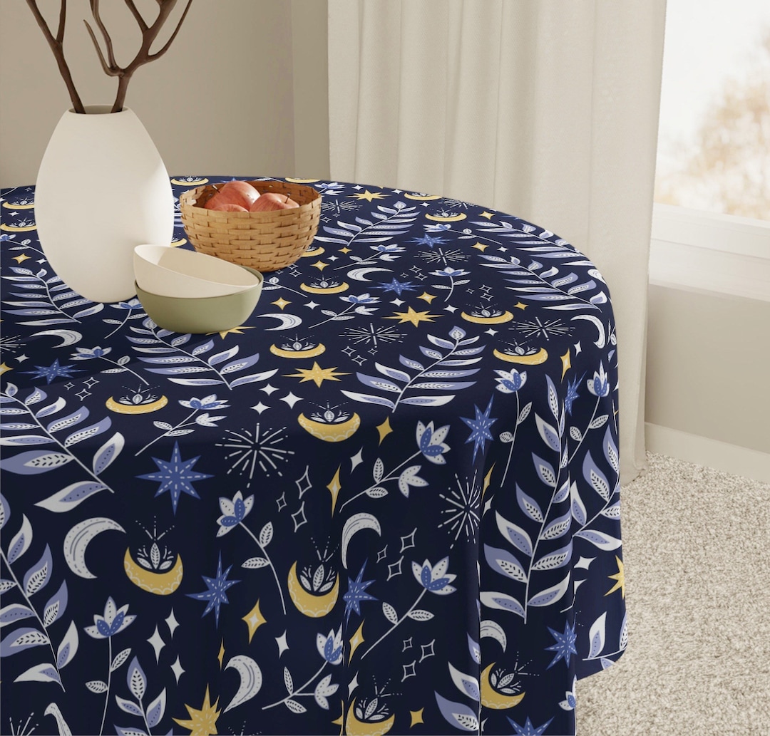 Navy Blue Celestial Tablecloth - Boho Mystical Moon and Stars Floral ...
