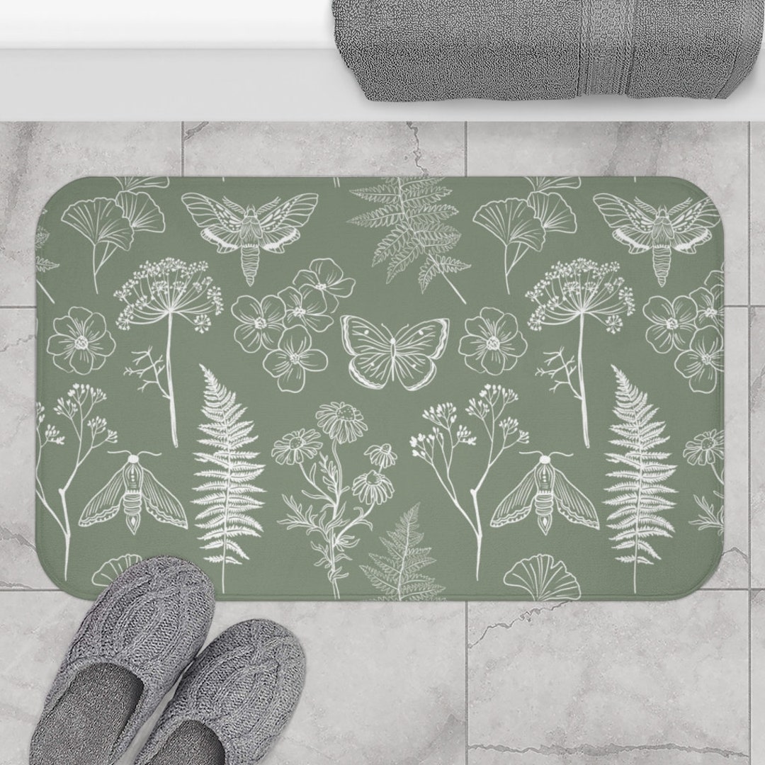 Boho Sage Green Bath Mat - Forest Bathroom Decor, Moth Bath Mat, Palm ...