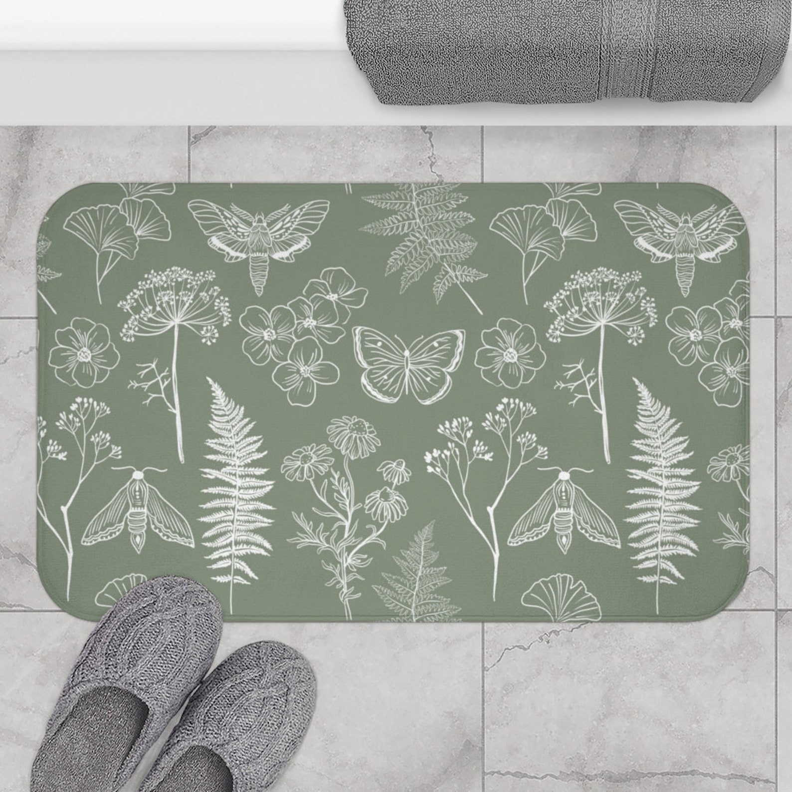 Boho Sage Green Bath Mat Forest Bathroom Decor, Moth Bath Mat, Palm ...