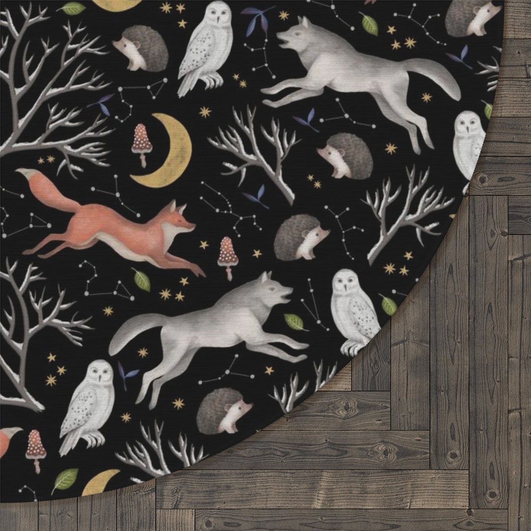 Winter Forest Animal Rug Round - Wolf Moon Owl Fox Woodland Mushroom ...