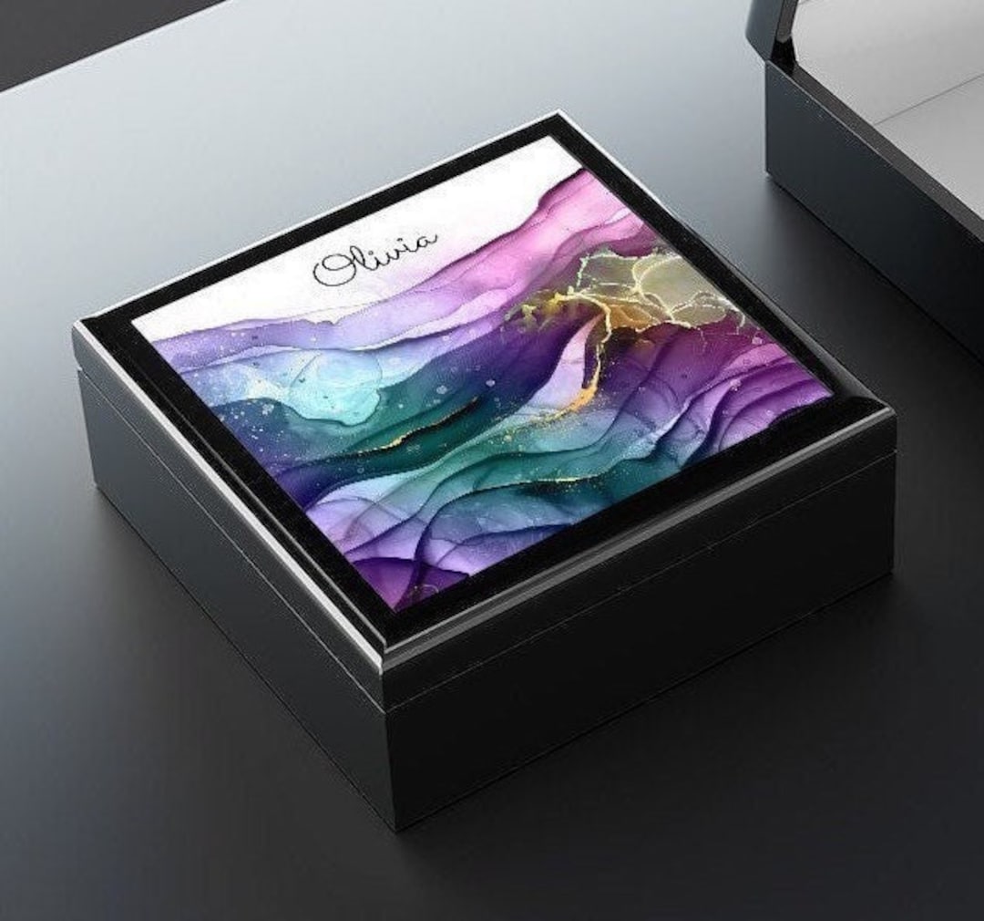 Alcohol Ink Wood Jewelry Box Custom, Womens Keepsake Box Gift, Alcohol ...