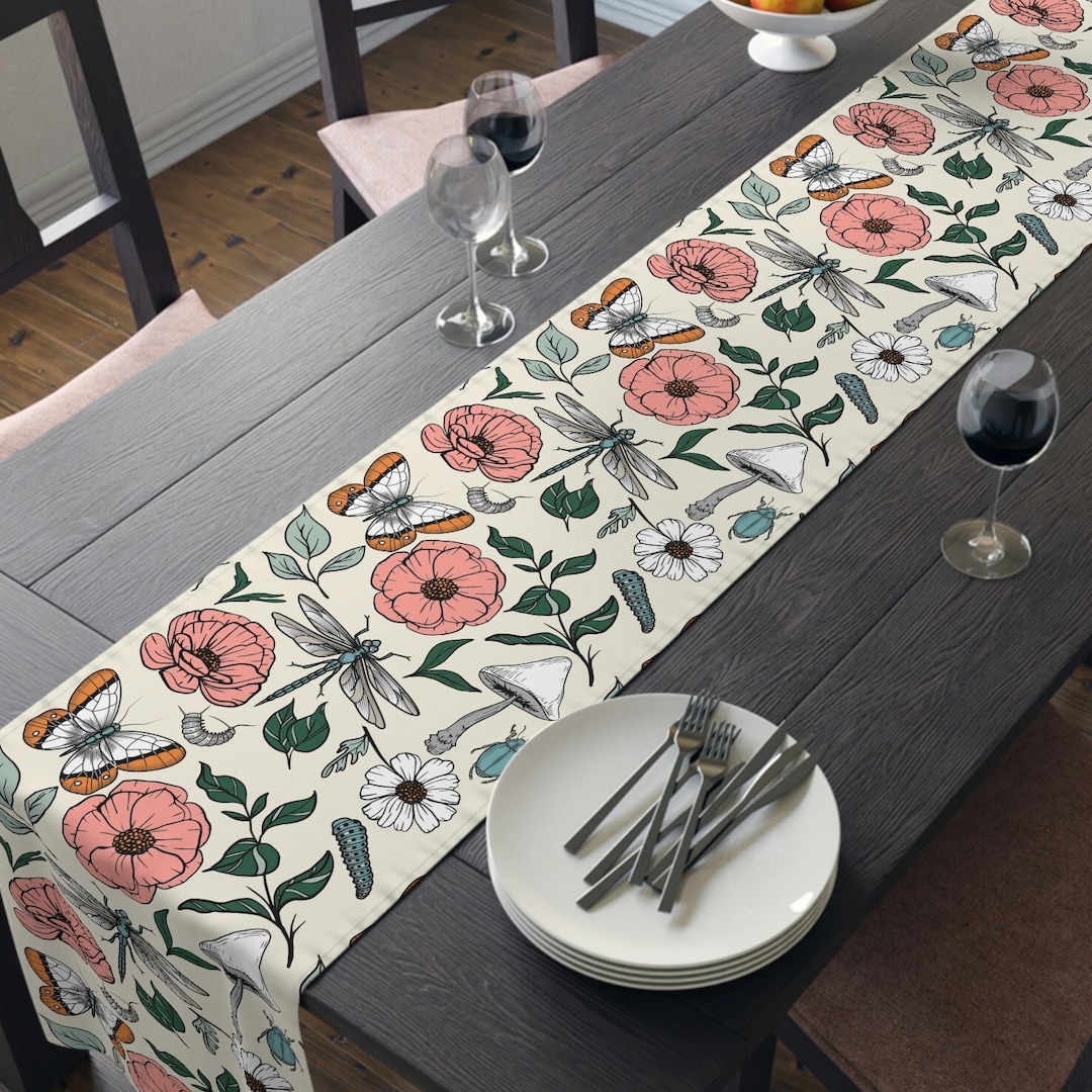 Cottagecore Table Runner Earth Tone Butterfly Insects Dragonfly Table ...
