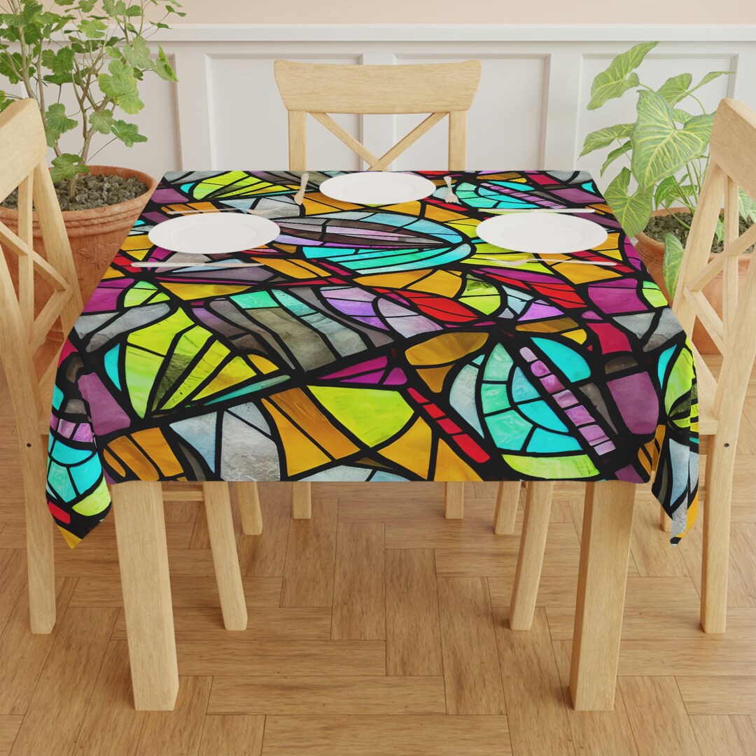 Stained Glass Tablecloth - Bold Colorful Mosaic Geometric Stained Glass ...