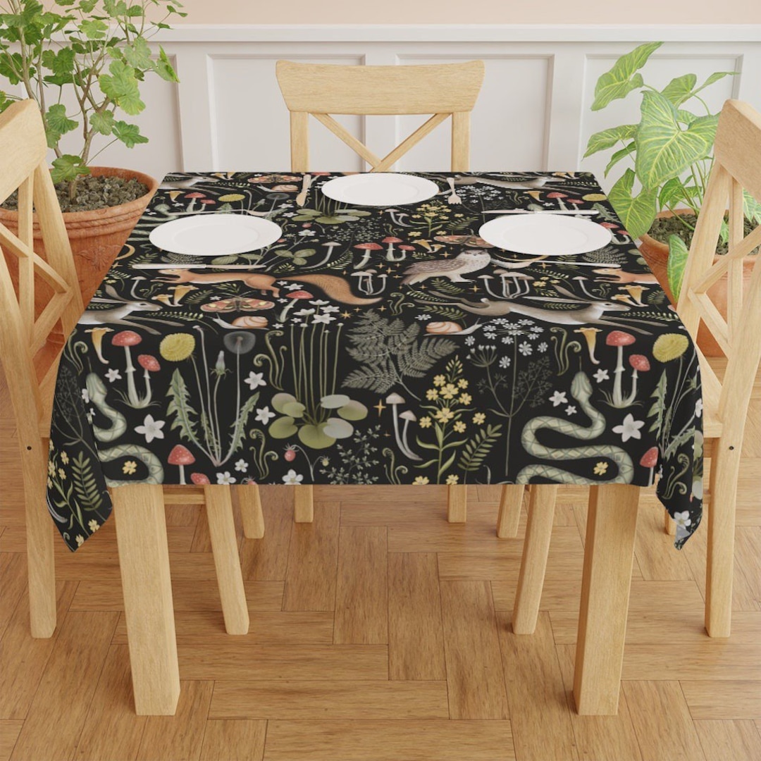 Dark Woodland Tablecloth - Square Woodland Animal Tablecloth Botanical ...