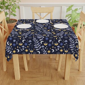 Navy Blue Celestial Tablecloth - Boho Mystical Moon and Stars Floral ...