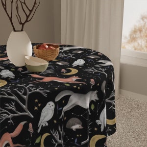 Dark Winter Woodland Animal Tablecloth - Black Mushroom Moon Forest ...