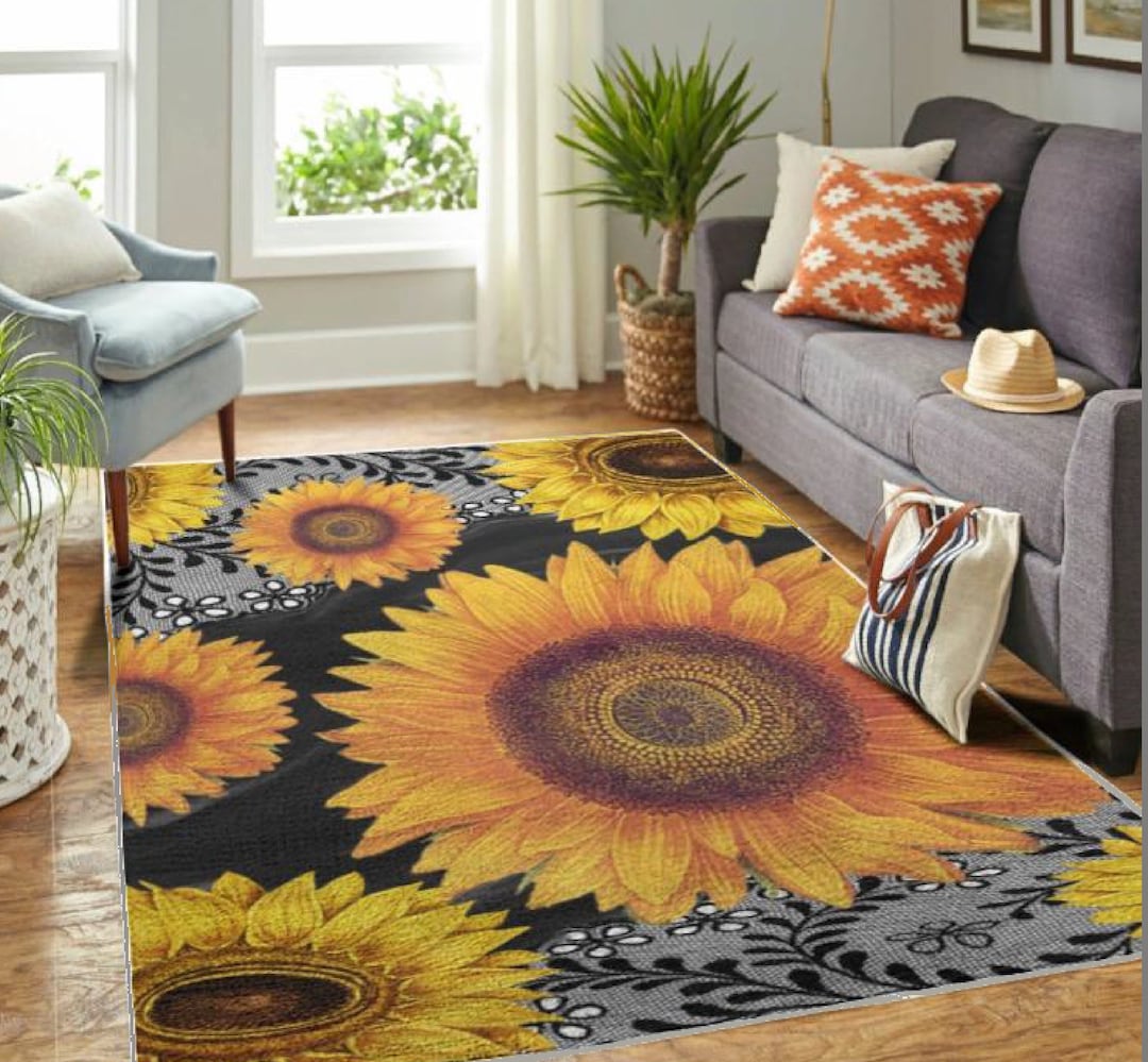 Retro Sunflower Area Rug - Boho Sunflower Living Room Rug Yellow Flower ...