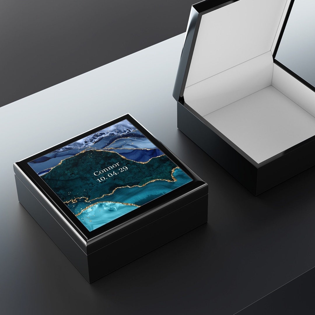 Blue Geode Art Memory Box, Custom Date, Mens Keepsake Box, Personalized ...