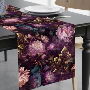 Peony Flower Table Runner - Dark Purple Pink Peony Table Decor Fantasy Floral Print Table Runner ...