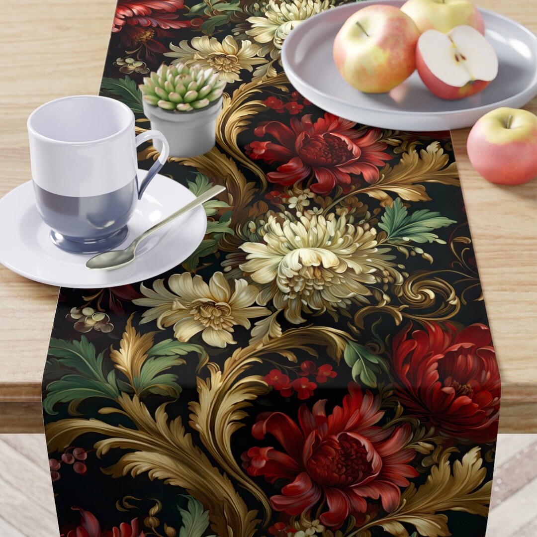 Floral Dark Christmas Table Runner - Gothic Christmas Decor Elegant ...