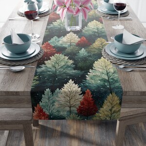 Winter Pine Tree Table Runner, Forest Table Runner Evergreen Tree Snowy Boho Holiday Table ...