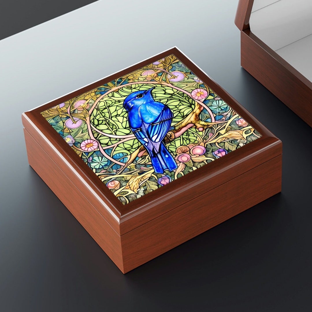 Bluebird Jewelry Box Wood Large - Floral Botanical Mosaic Bird Keepsake ...