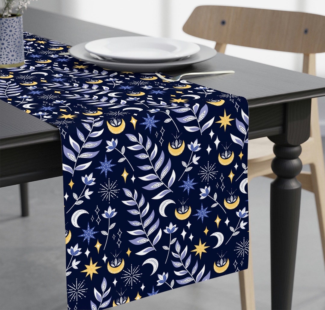 Navy Blue Celestial Table Runner - Boho Mystical Moon and Stars Floral ...