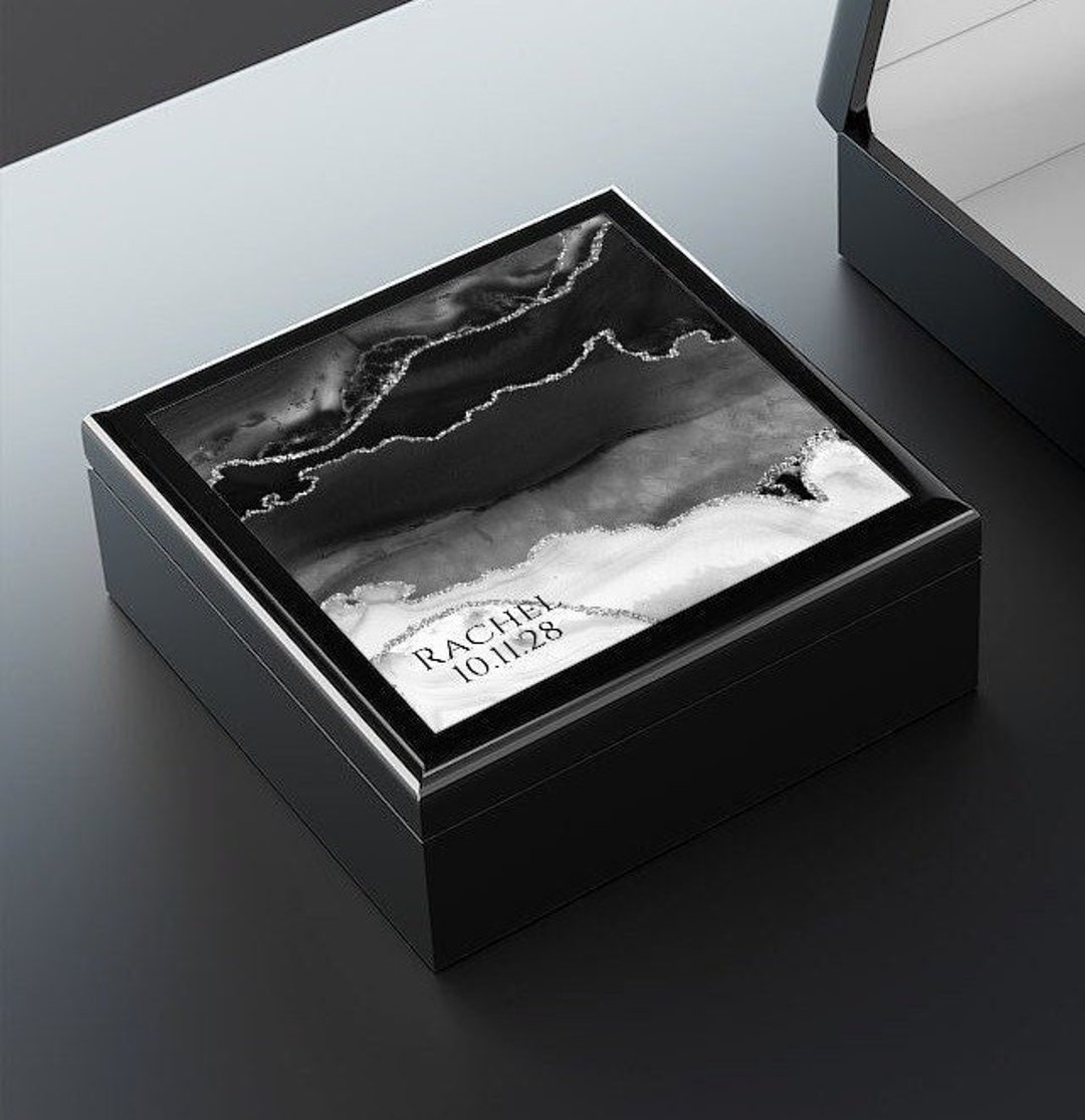 Black Ebony Wood Memory Box - Custom, Marble Geode Art Keepsake Box ...