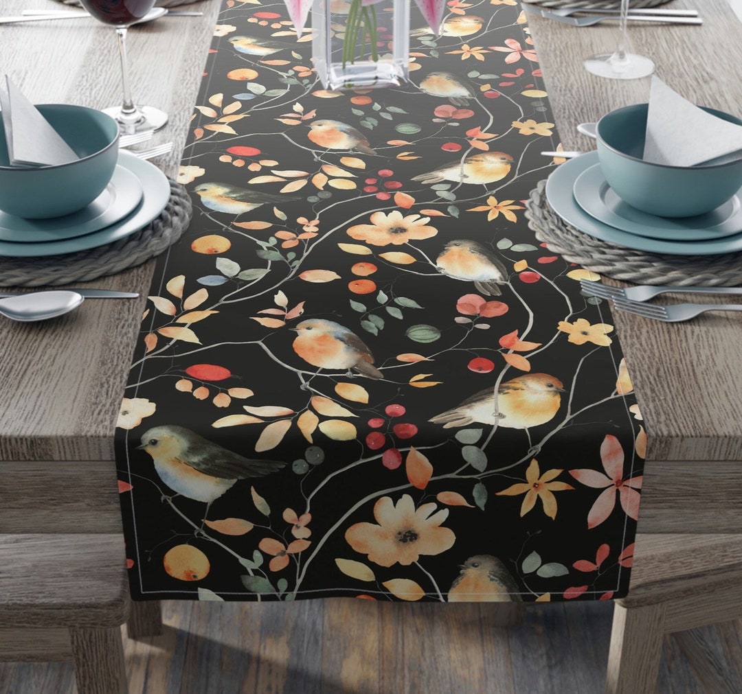 Bird Table Runner - Birds and Berries Table Runner Dark Botanical ...