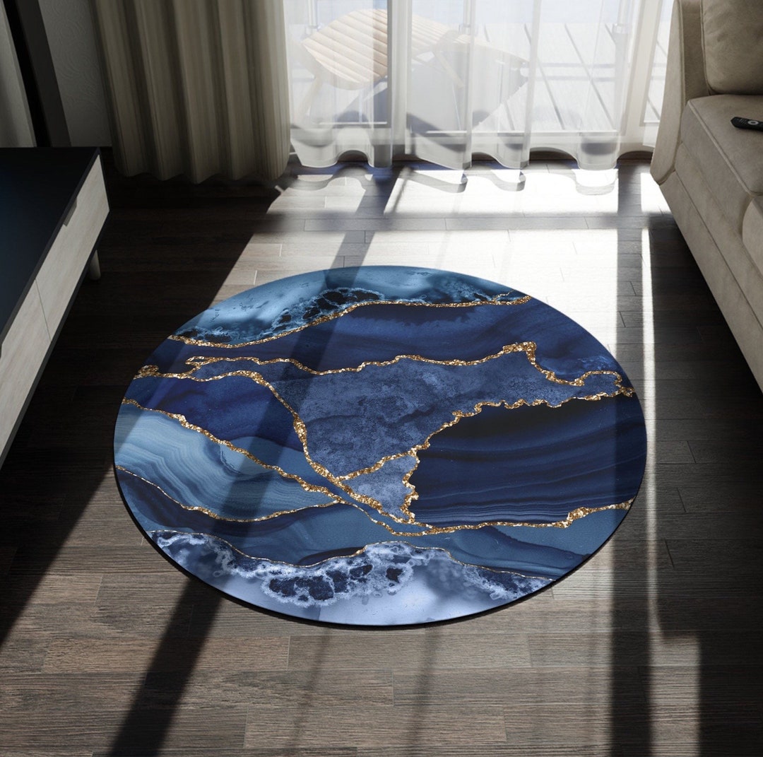 Round Blue Rug - Boho Geode Rug Round Dark Blue Marble Area Rug - Etsy