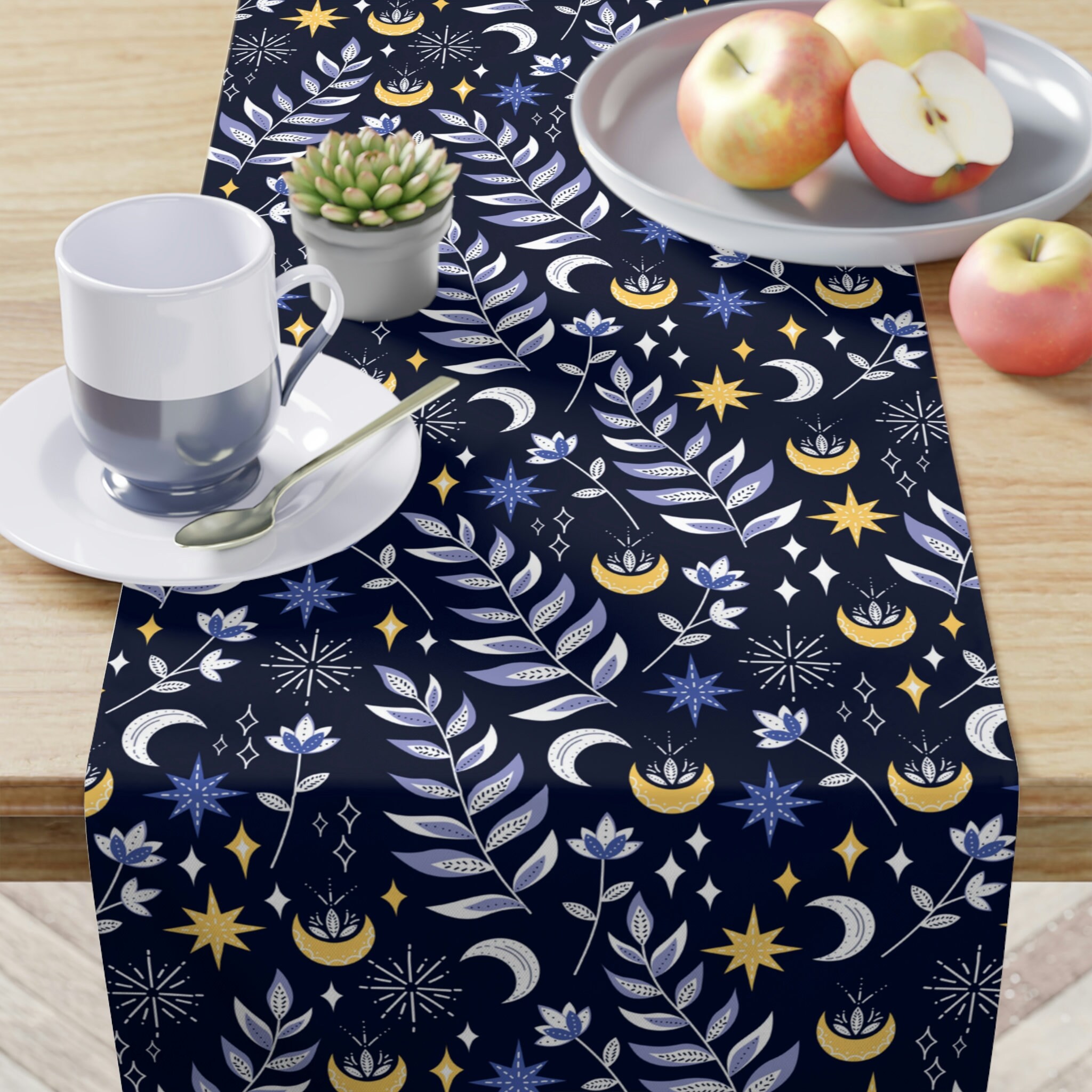 Navy Blue Celestial Table Runner - Boho Mystical Moon and Stars Floral ...