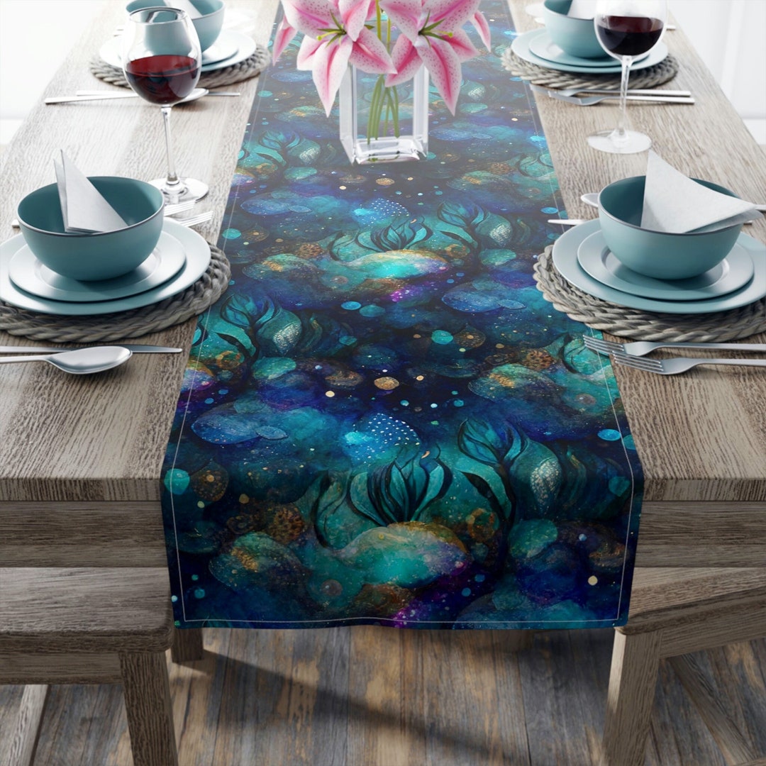 Dark Ocean Blue Table Runner Long - Abstract Sea Flora Decorative Ocean ...