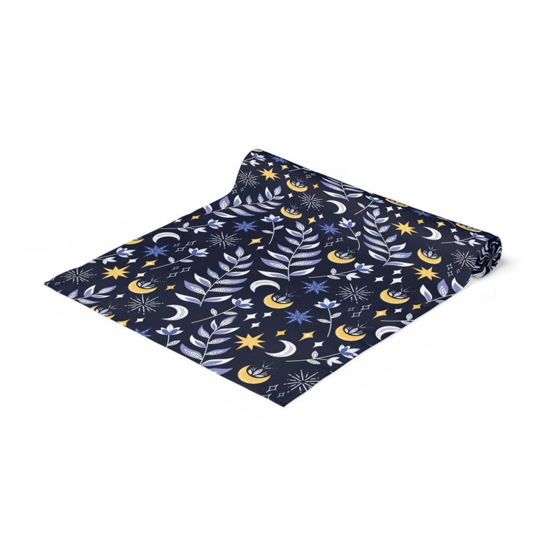 Navy Blue Celestial Table Runner - Boho Mystical Moon and Stars Floral ...