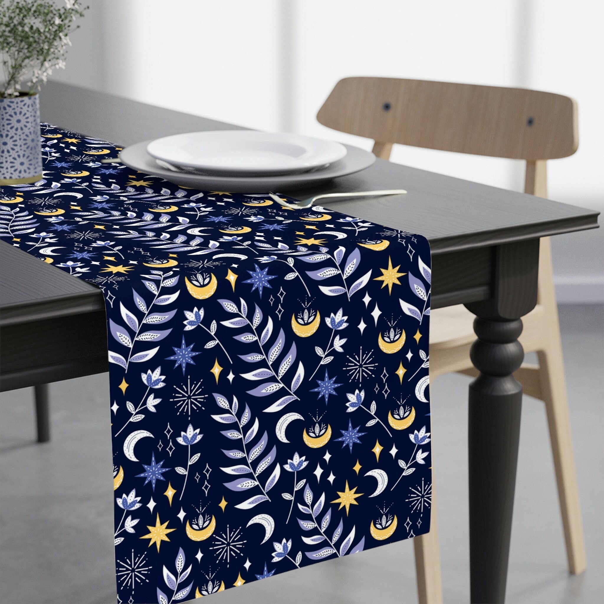Navy Blue Celestial Table Runner - Boho Mystical Moon and Stars Floral ...