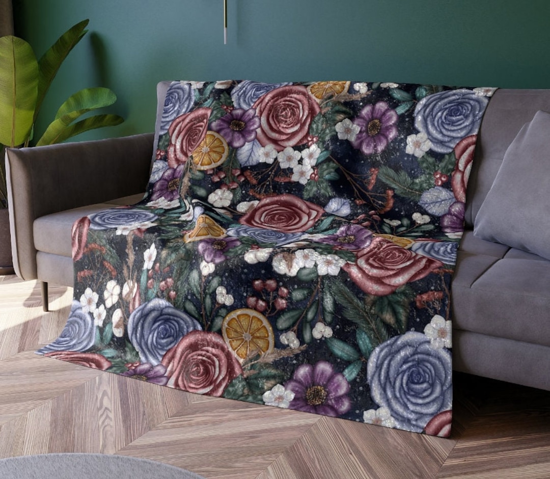 Dark Winter Solstice Blanket - Blue Botanical Forest Yule Gift Floral Throw Blanket for Women ...