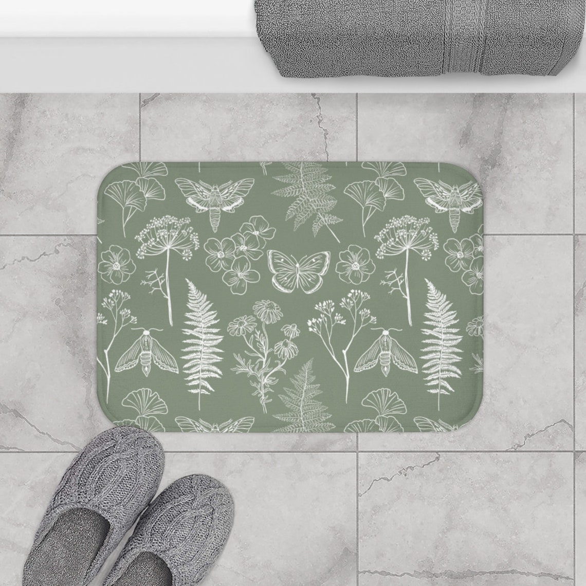 Boho Sage Green Bath Mat Forest Bathroom Decor Moth Bath - Etsy