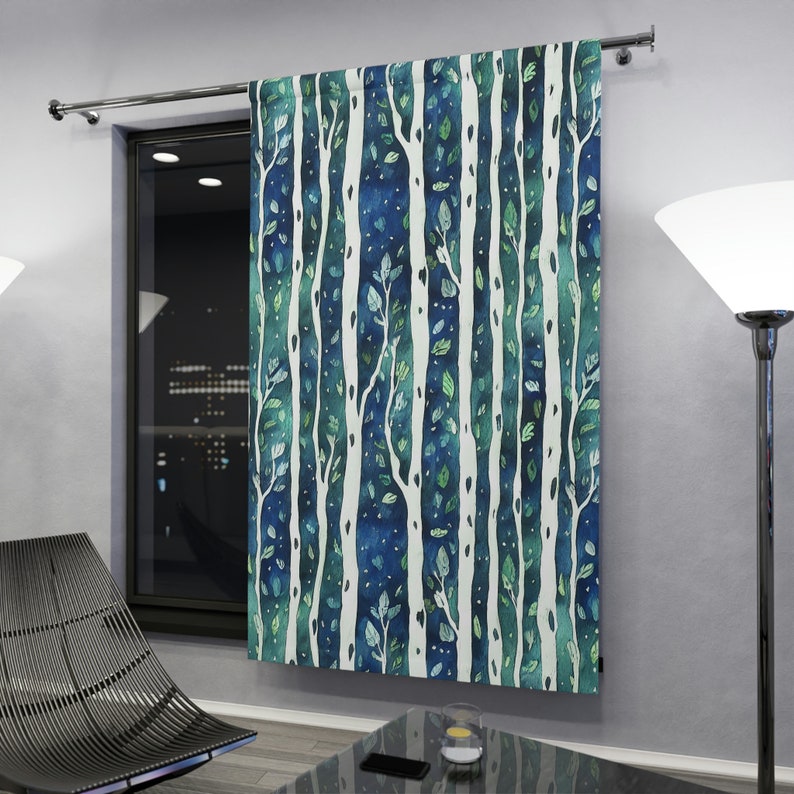 Blackout Forest Tree Curtain Green Leaves Dark Blue Birch Tree Branch ...