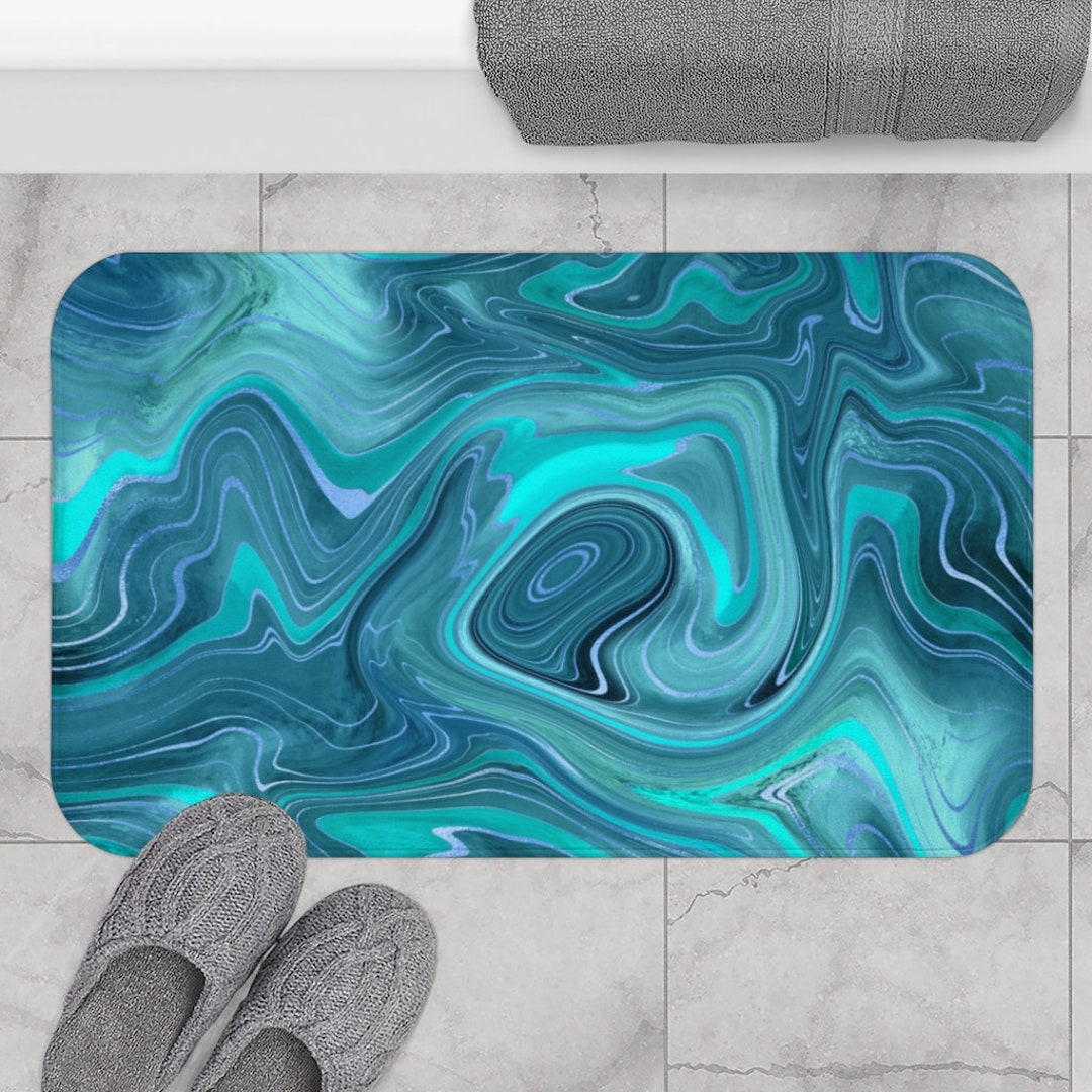 Geode Teal Bath Mat - Abstract Blue Kitchen Mat Ocean Bathroom Decor ...