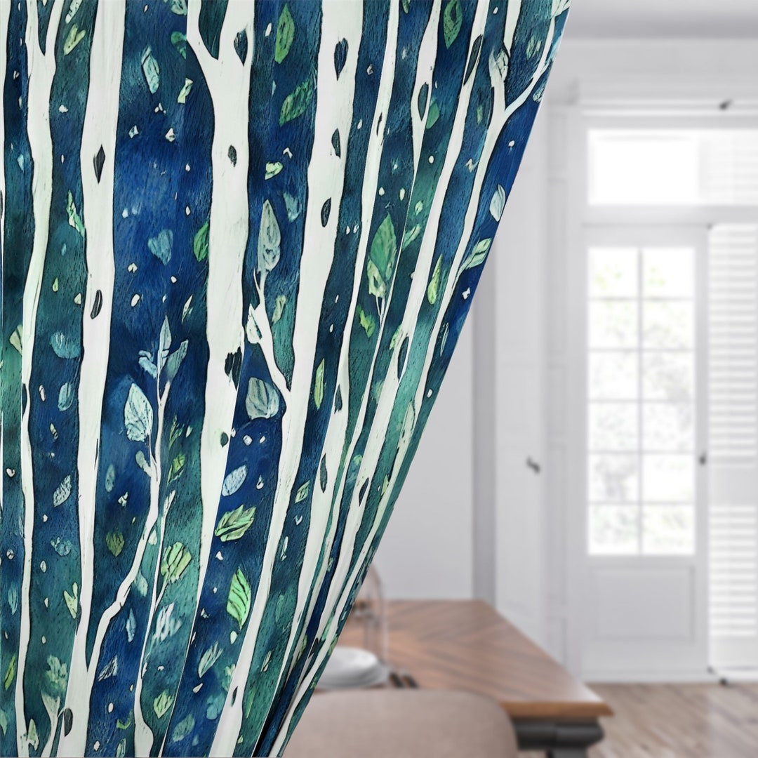 Blackout Forest Tree Curtain Green Leaves Dark Blue Birch Tree Branch ...