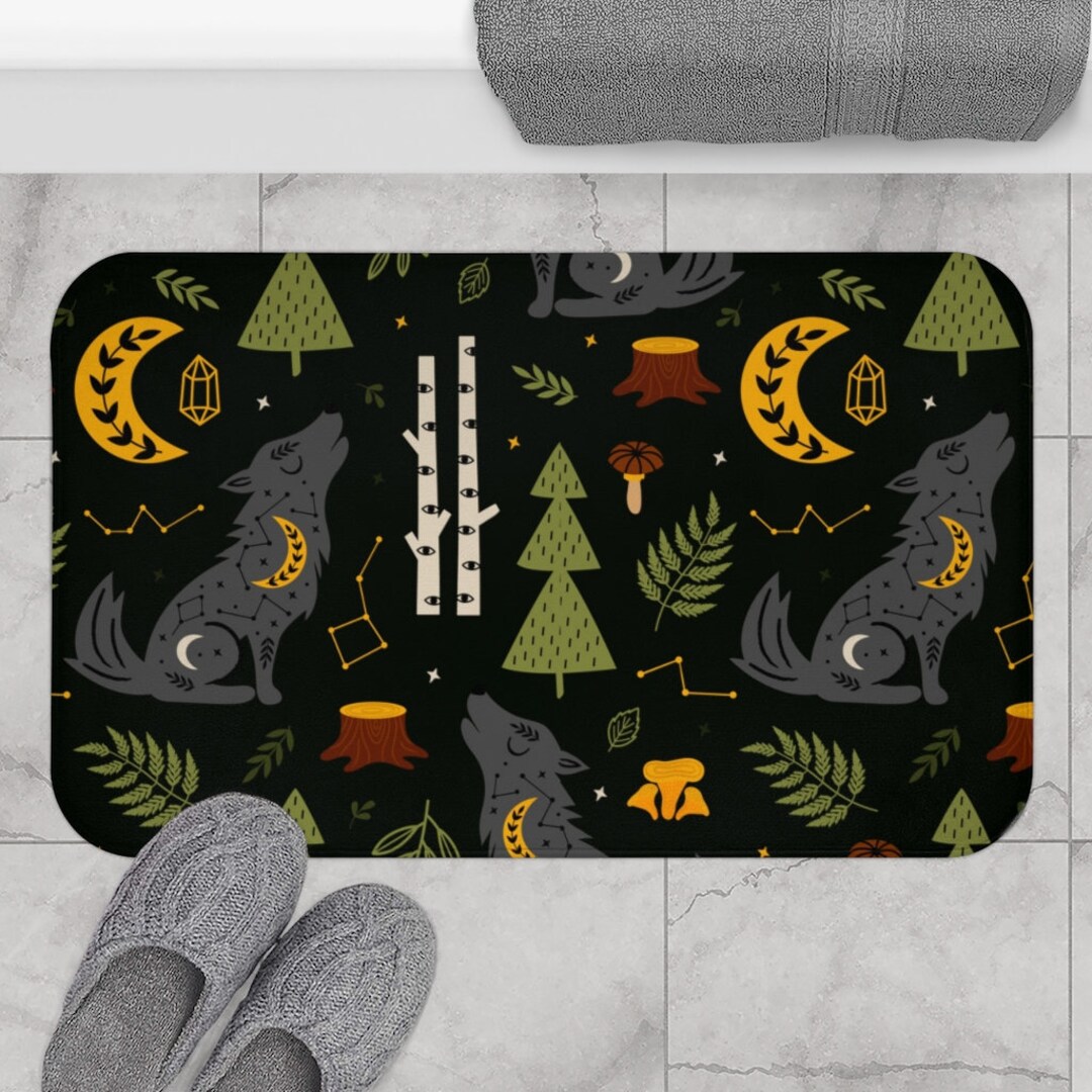 Scandinavian Night Wolf Bath Mat - Dark Moon and Forest Bath Mat ...