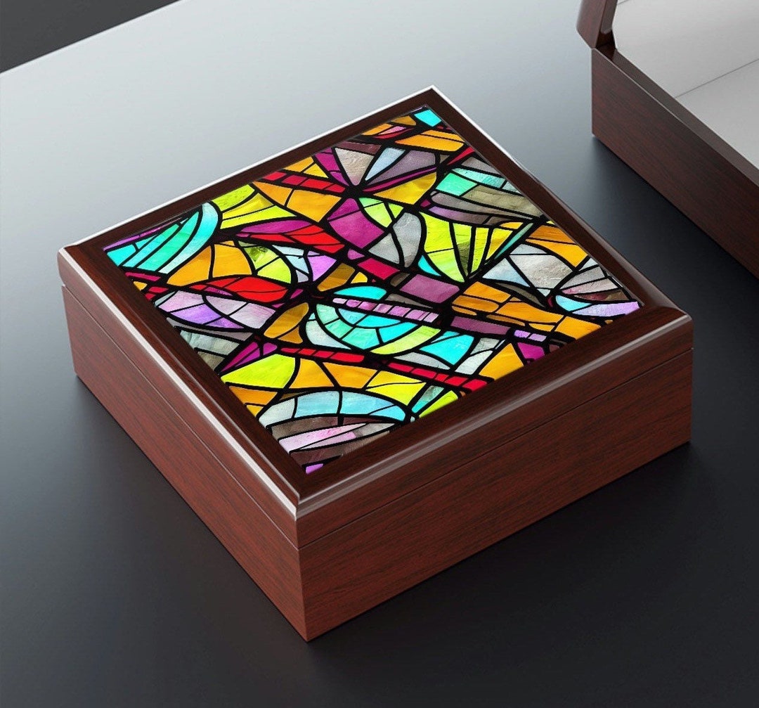 Mosaic Jewelry Box Wood - Stained Glass Art Printed on Ceramic Tile ...