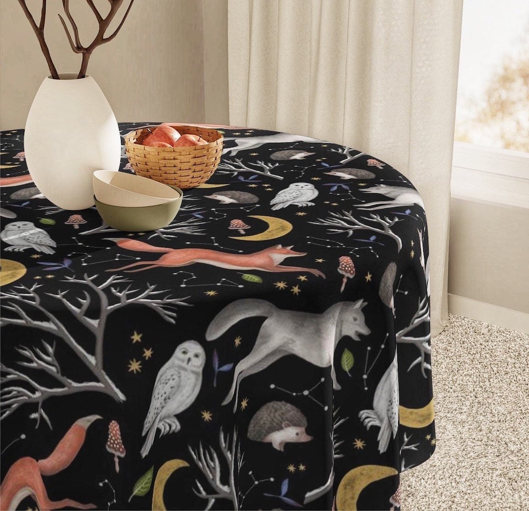 Dark Winter Woodland Animal Tablecloth - Black Mushroom Moon Forest ...