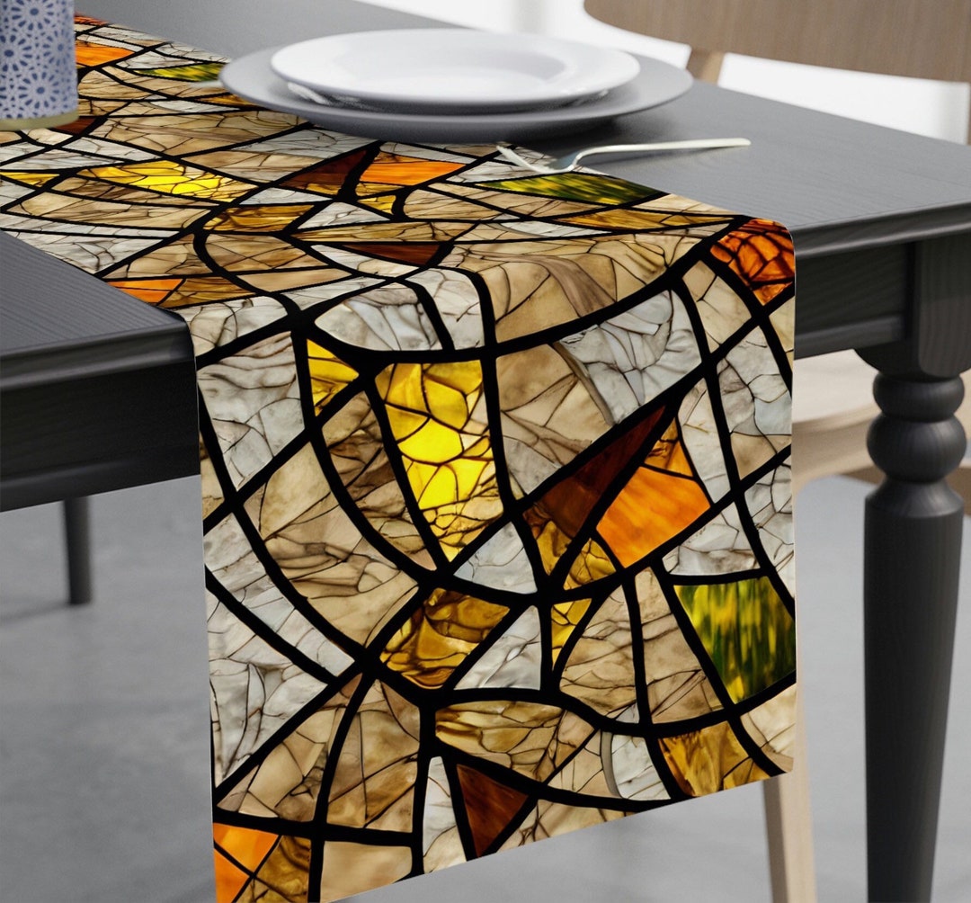 Mosaic Table Runner - Earth Tones Marble Stained Glass Art Geometric ...