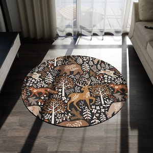 Round Forest Animal Rug - Rustic Woodland Tree Rug Round, Scandinavian ...