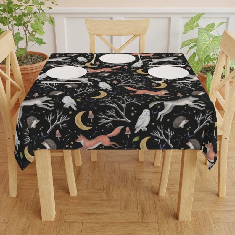 Dark Winter Woodland Animal Tablecloth - Black Mushroom Moon Forest ...