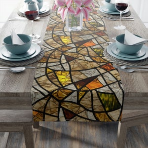 Mosaic Table Runner - Earth Tones Marble Stained Glass Art Geometric ...