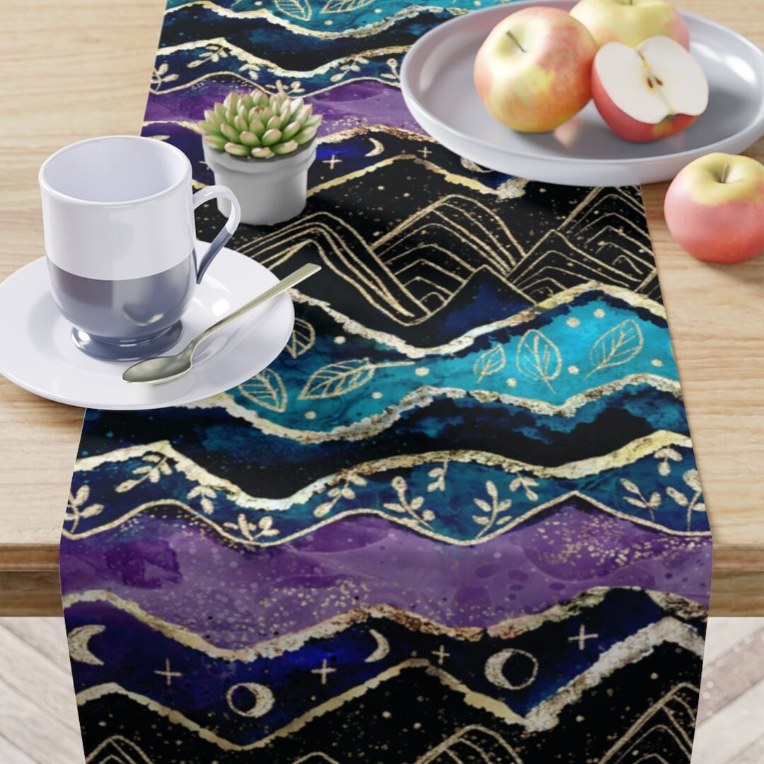 Dark Boho Table Runner - Magical Moon and Stars Celestial Mountain ...