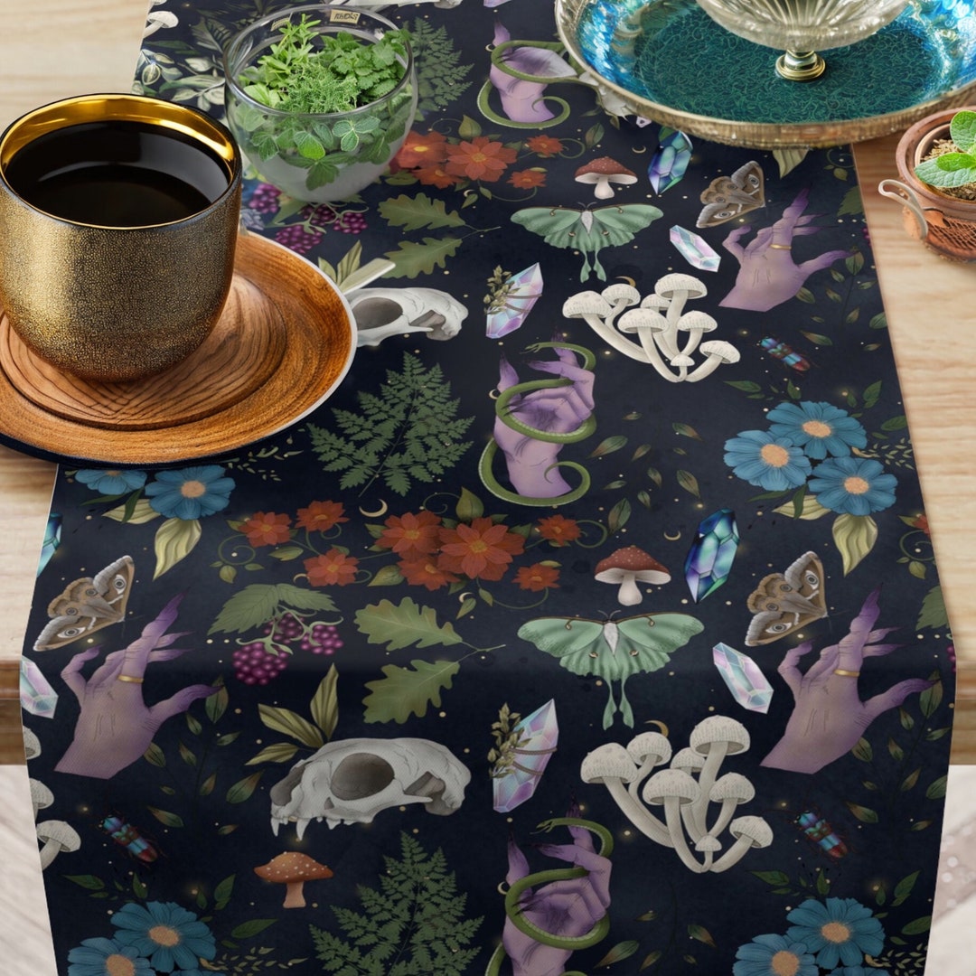 Witchy Table Runner Yule, Witchy Kitchen Decor, Skulls, Moth ...