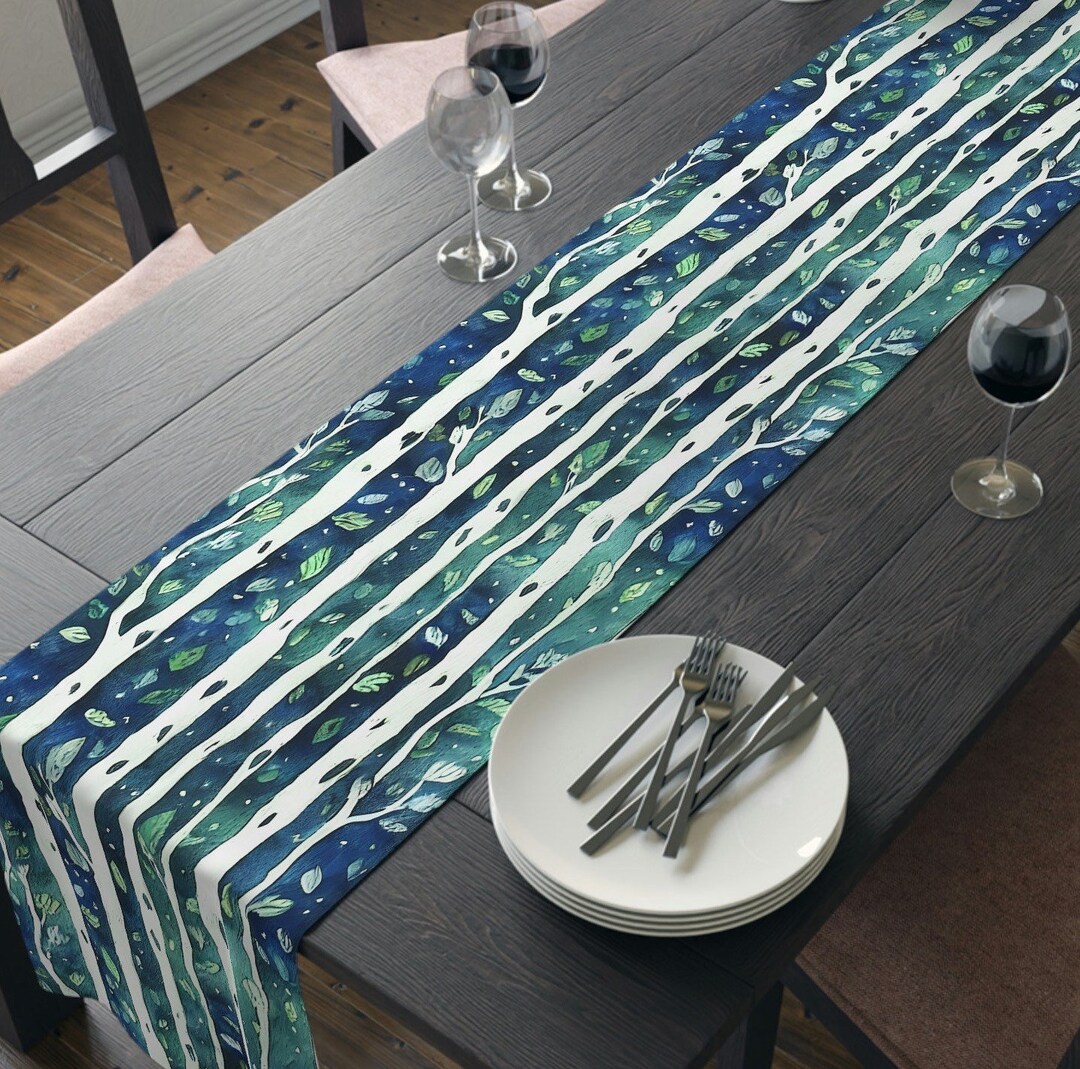 Birch Tree Table Runner - Enchanted Forest Tree Branch Dark Blue Green ...