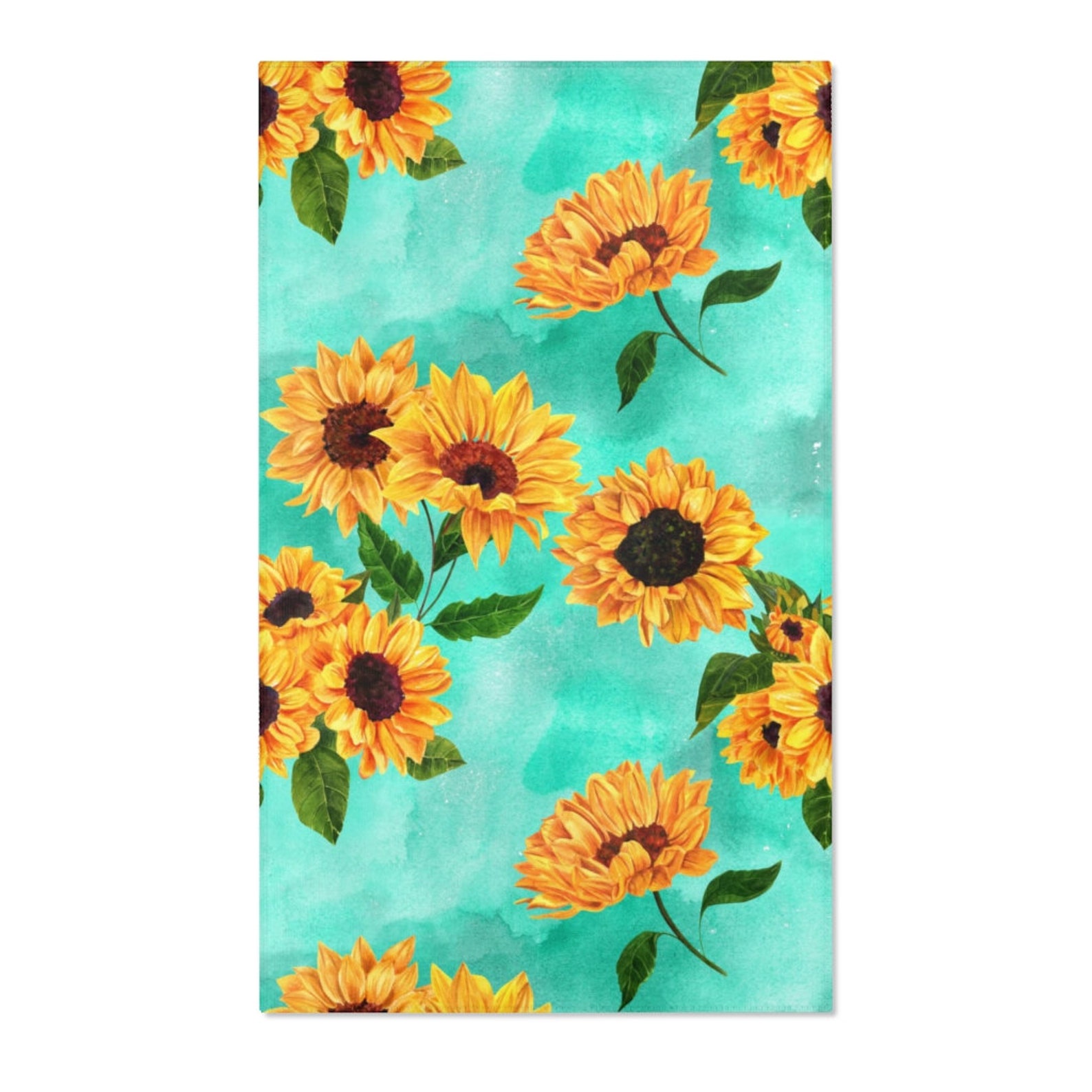 Boho Sunflower Area Rug - Teal Rug, Vintage Sunflower Rug, Blue Living ...