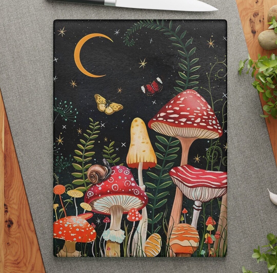 Mushroom Forest Glass Cutting Board Moon Magic Woodland Mushroom ...